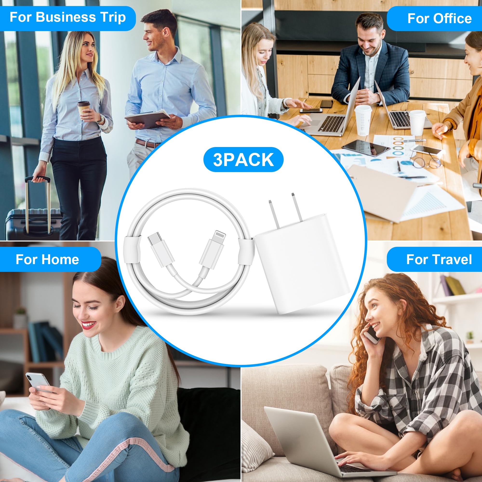 3Pack iPhone Charger Fast Charging USB-C Wall Charger Block with 6ft Cable for iPhone 14/14 Pro/14Pro Max/13/13 Pro/12/12 Pro/12 Pro Max/11