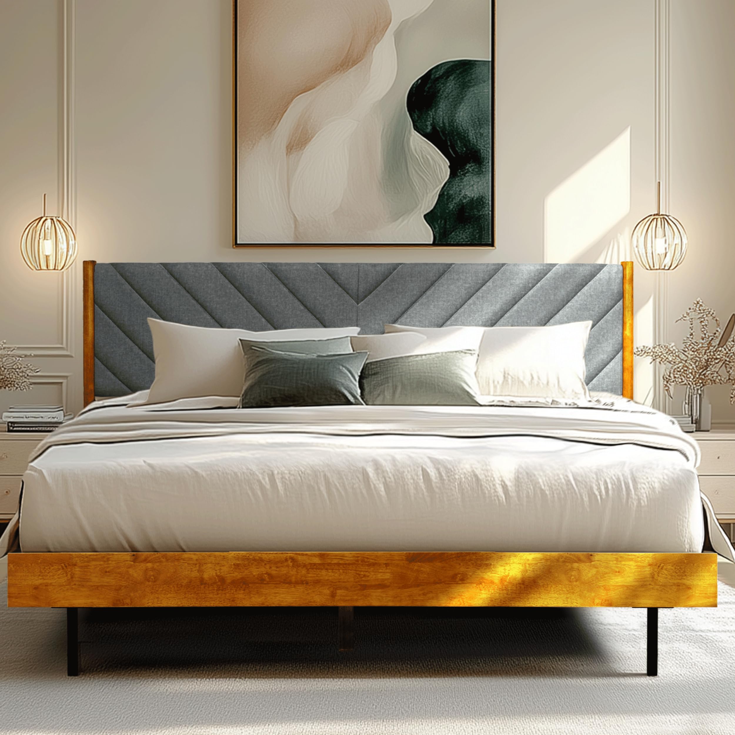 Acacia Astoria Solid Wood King Platform Bed Frame with Upholstered Headboard, Any Mattress Support, Noise-Free Slats Support, 30 Mins Assembly, Mid Century Modern Style, Walnut.