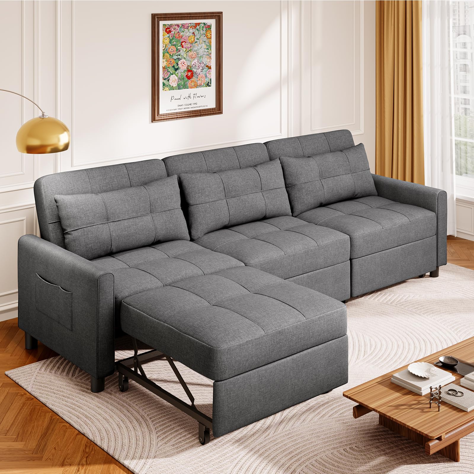 Aiho 84 Inch Convertible Sectional Sleeper Sofa, Pull Out Sofa Bed with Adjustment Backrest & Ottoman, Sectional Couch Bed for Living Room, Guest Room, Dark Grey