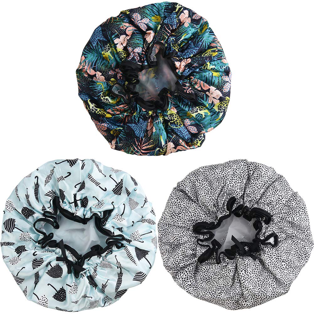 Shower Caps, 3 PACK Bath Cap for Women Waterproof & Adjustable Double Layered Shower Cap (Multi-colored8)