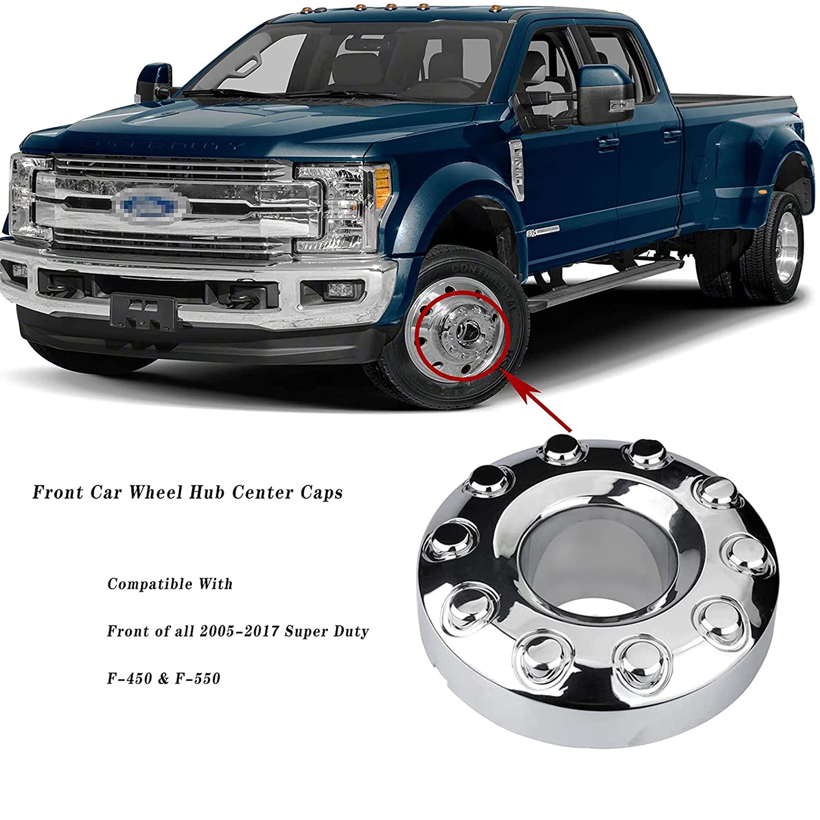 5C3Z1130NA Front 10 Lug Chrome Wheel Center Hub Cap Compatible with Ford F450 F550 Super Duty 2005β2017, 4WD Front Wheel Center Caps