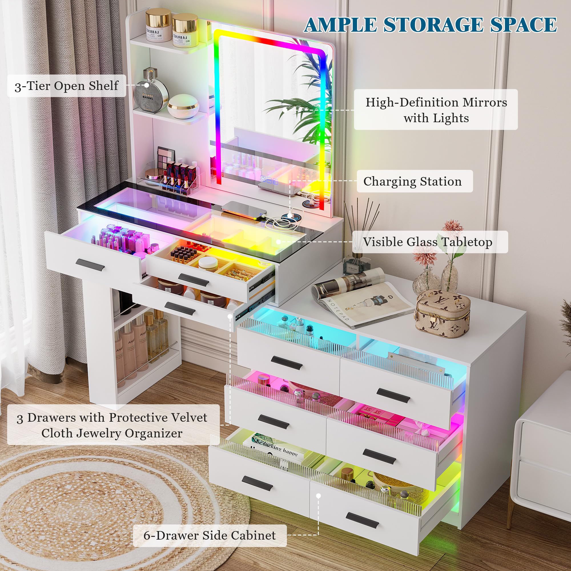 WOOVIVS Vanity Desk with Lights and Sliding Vanity Mirror, Makeup Vanity Desk with Charging Station, Vanities Dressing Table with Stool, LED Vanity Set with Large Drawers&Shelves for Bedroom, Grey