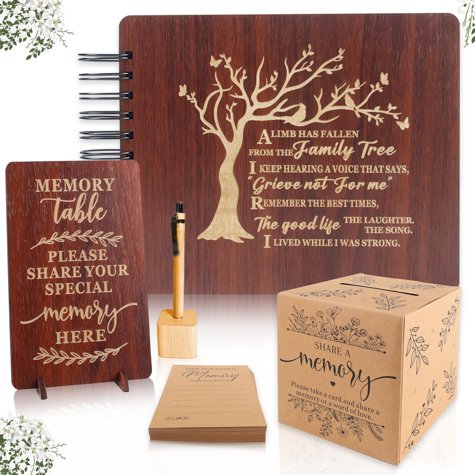 PREKIAR Funeral Guest Book Set Wooden Guest Books for Memorial Service Celebration of Life in Loving Memory with 50pcs Share a Memory Card Cards Box Table Sign and Pen (Brown- Guest Book Set #1)