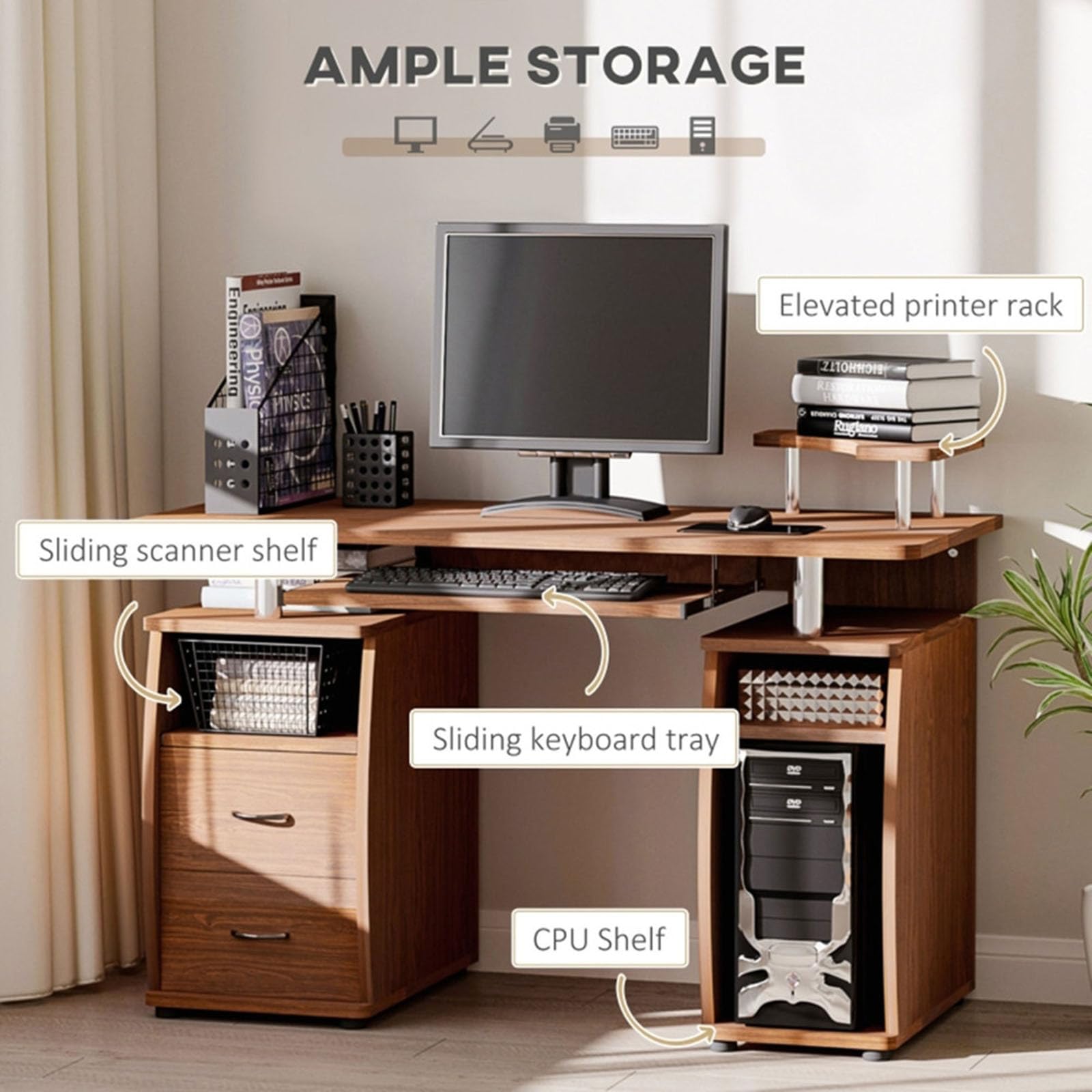 47.25" Multi-Function Computer Desk, Home Office Workstation Study Student Writing Desk with Keyboard Tray, Elevated Printer Rack, CPU Stand, Industrial Work Desk PC Table Study Desk, Walnut Brown