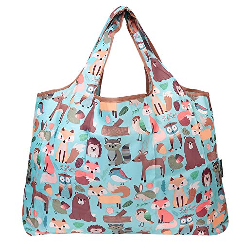 allydrew Large Foldable Tote Nylon Reusable Grocery Bags, 5 Pack, Cuddly Animals
