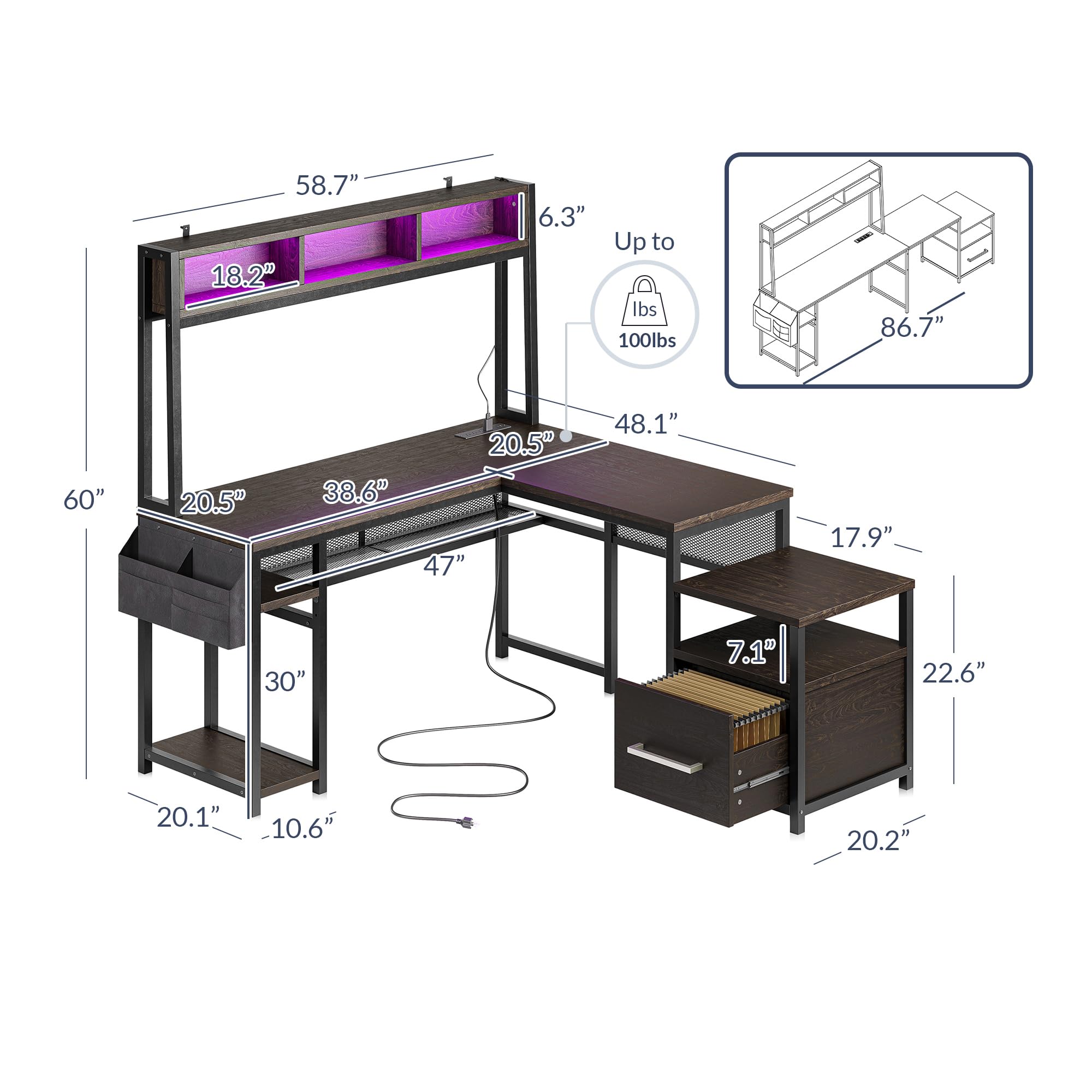 BELLEZE Computer Desk with Hutch and File Cabinet, 104" Long Gaming Desk with RGB LED Lights and USB AC Outlet, Reversible L-Shaped Desk for Home Office (Eclipse - Brown)