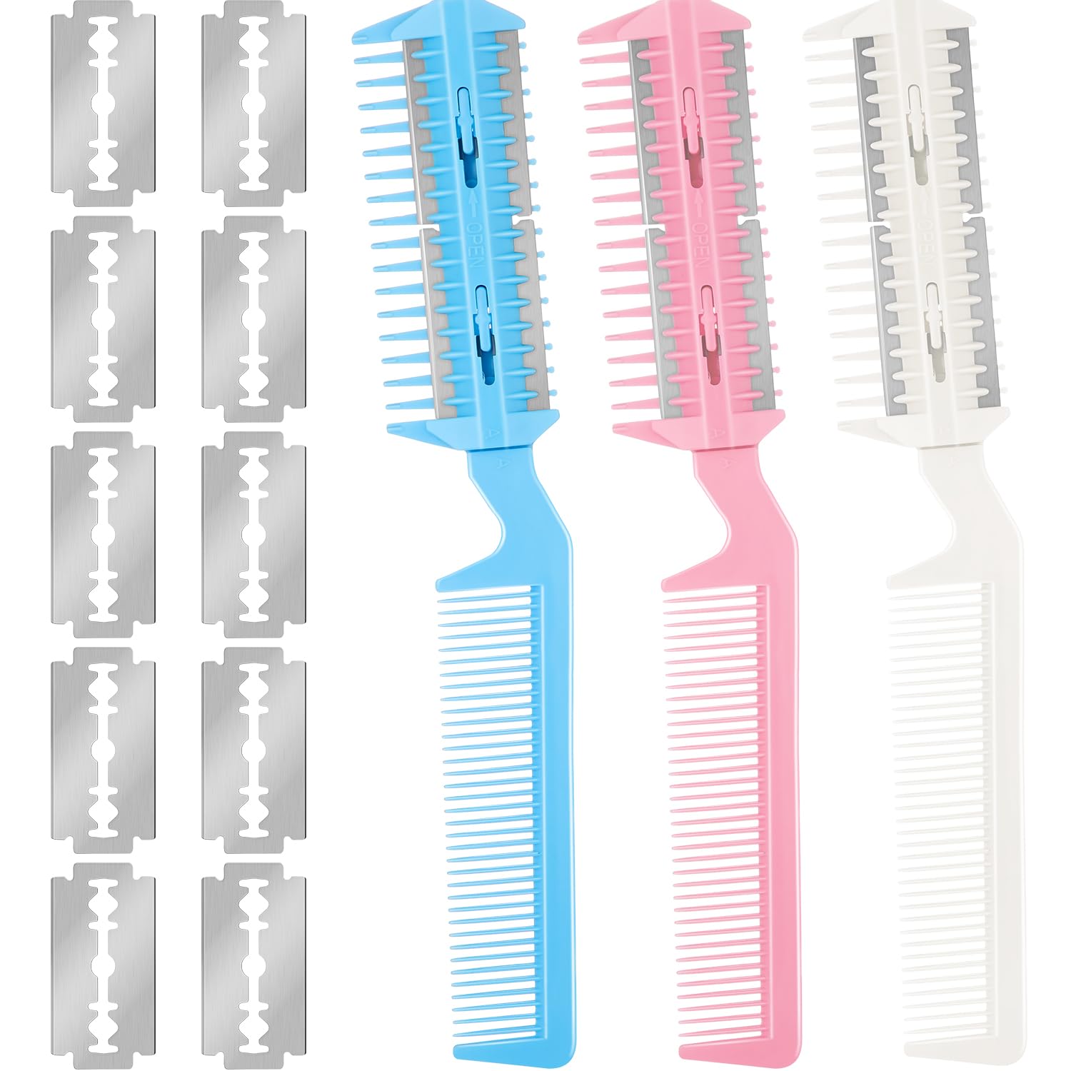Maitys 3 Pcs Razor Comb with 10 Pcs Razors, Hair Cutter Comb Cutting Scissors, Double Edge, Slim Haircuts Tool