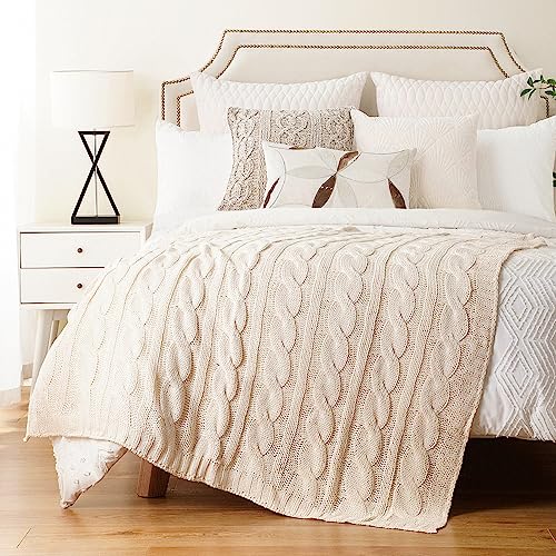 Battilo Cream Ivory Cable Knit Throw Blankets for Couch, Super Soft Warm Cozy Decorative Knitted Throw Blanket for Bed, Sofa, Chair 50"x60"
