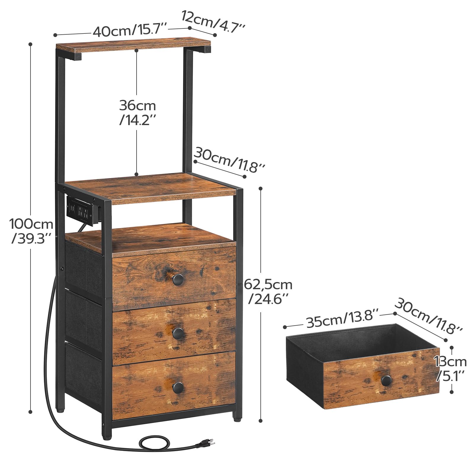 HOOBRO Nightstand with Charging Station, End Table with 3 Drawers and Storage Shelves, Side Table with USB Ports and Outlets, Bedside Table for Bedroom, Rustic Brown and Black BF131UBZ01