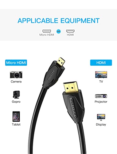 VENTION 4K Micro HDMI to HDMI Cable 6FT - High Speed HDMI to Micro HDMI Cord Adapter Support 3D Full HD 1080P Compatible with Laptop Camera Connected to Monitor Projector