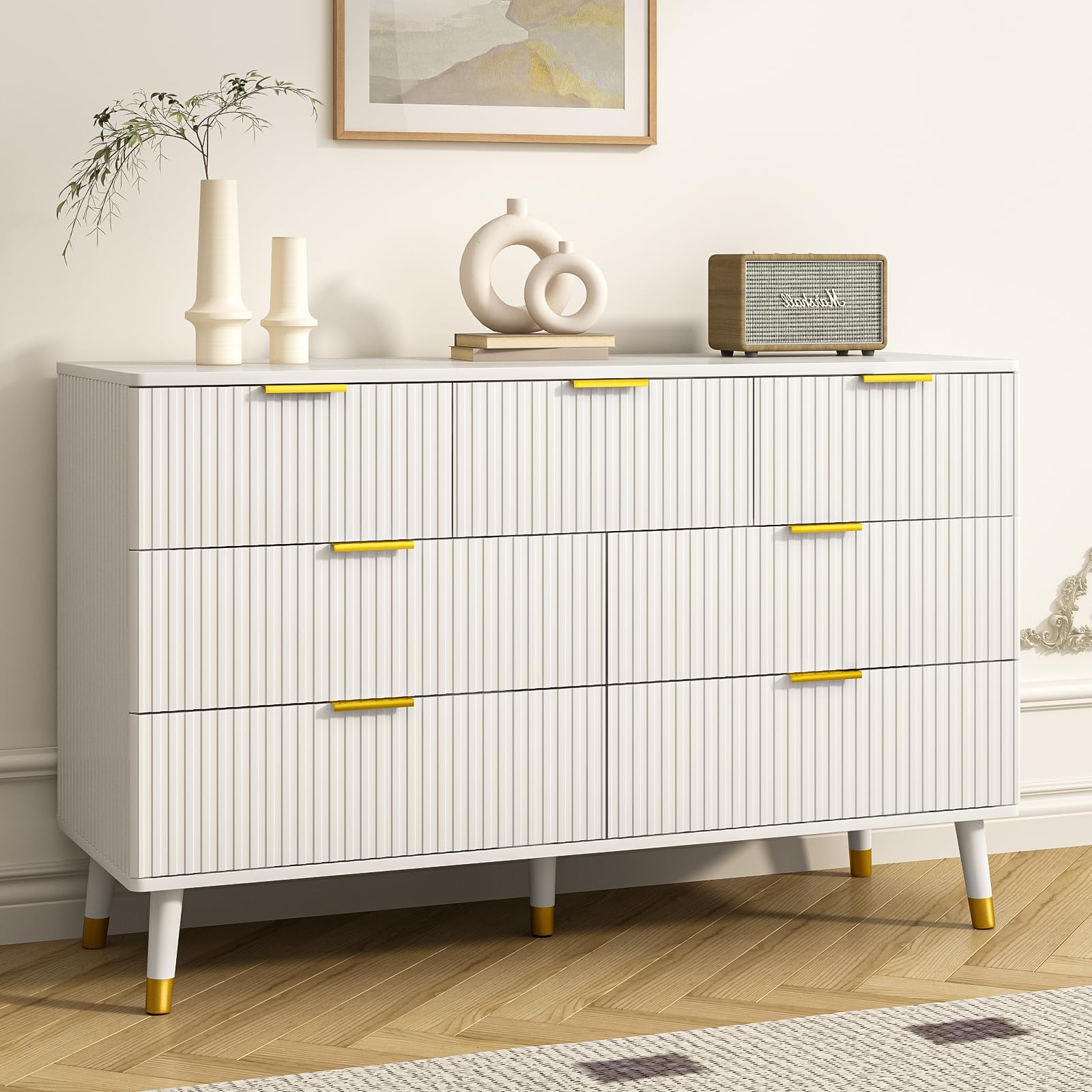 Tradare White Dresser for Bedroom, 7 Drawer Dresser with Gold Metal Handles, Wood Modern Dresser for Bedroom