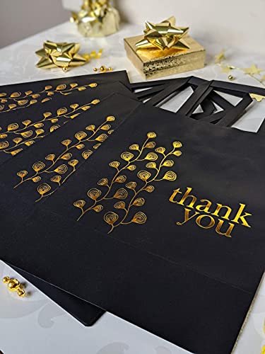 Thank You Bags Bulk with Flat Handles Pack of 50, Black Kraft Paper Bags with Gold Foil Stamp Image Medium Size 10x 4.75 x 8 Inches