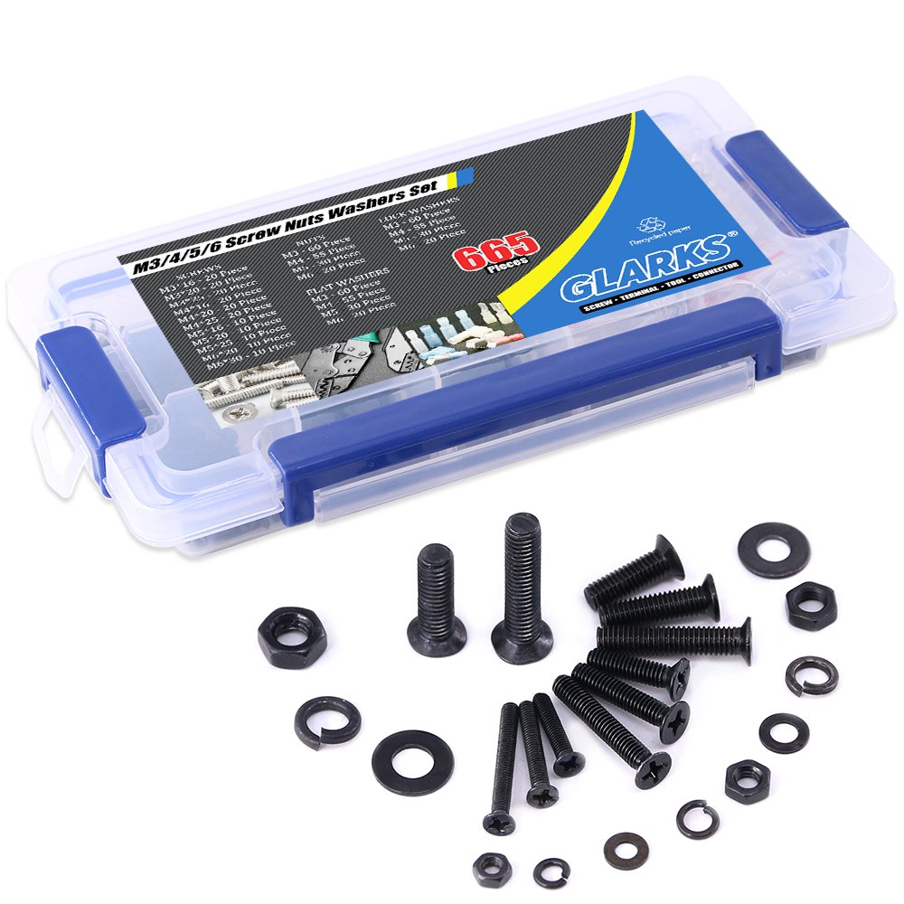 Glarks 665Pcs Alloy Steel Flat Head Machine Screws Bolts Nuts and Flat Gasket Spring Washers Assortment Set, Fully Threaded, Black Oxide Finish