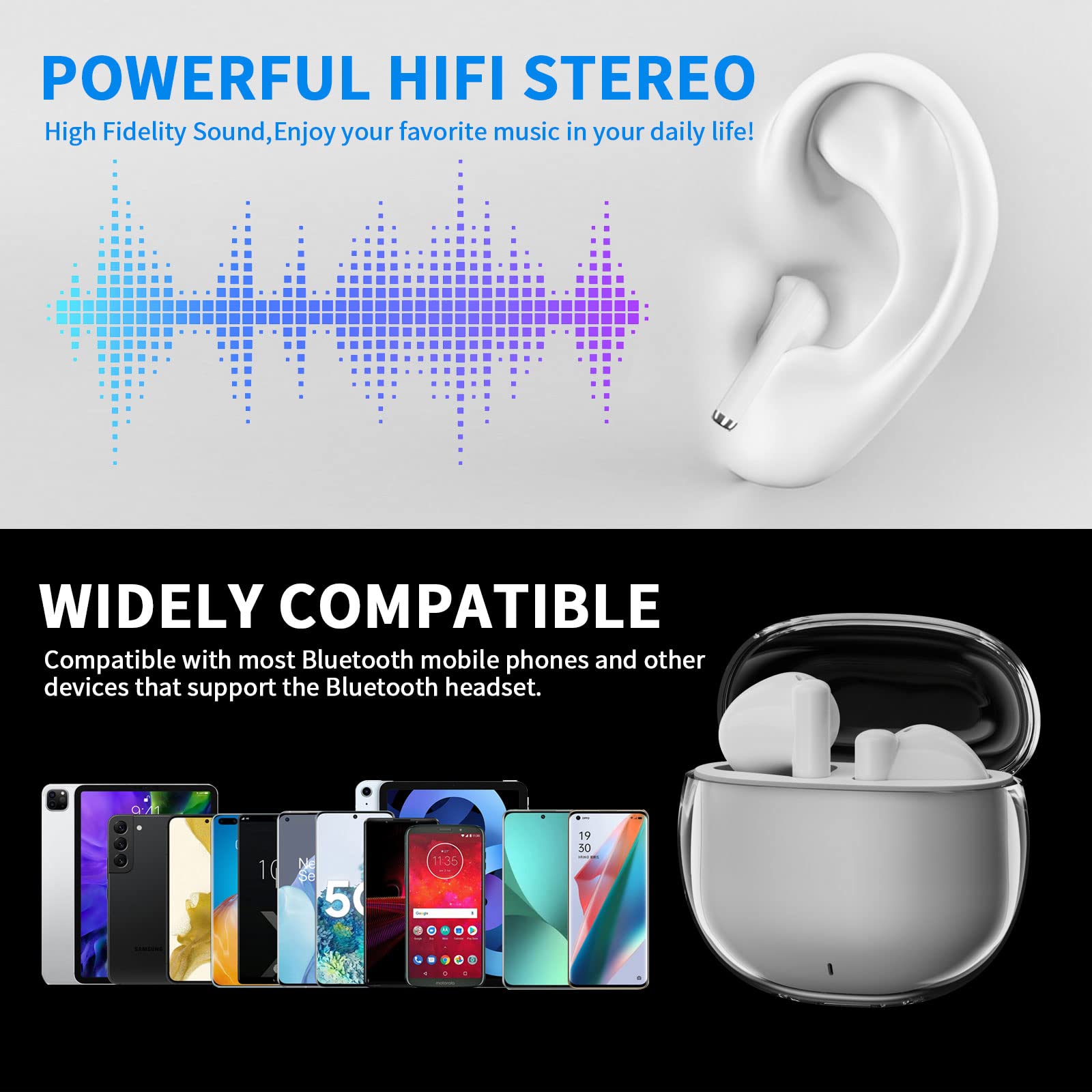 ACAGET Bluetooth 5.3 Earbuds White & iPhone 14 Pro Max Case Clear with Ring Kickstand, Sport Earphones with Over Ear Earhook and Protective Case for iPhone 14 Pro Max