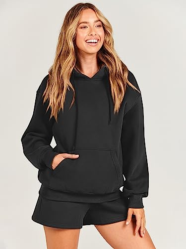 ANRABESS Women 2 Piece Outfits Sweatsuit Set 2023 Fall Two Piece Short Sweat Set Oversized Hoodie Sweatshirt Casual Tracksuit Casual Lounge Matching Set 1048heise-M