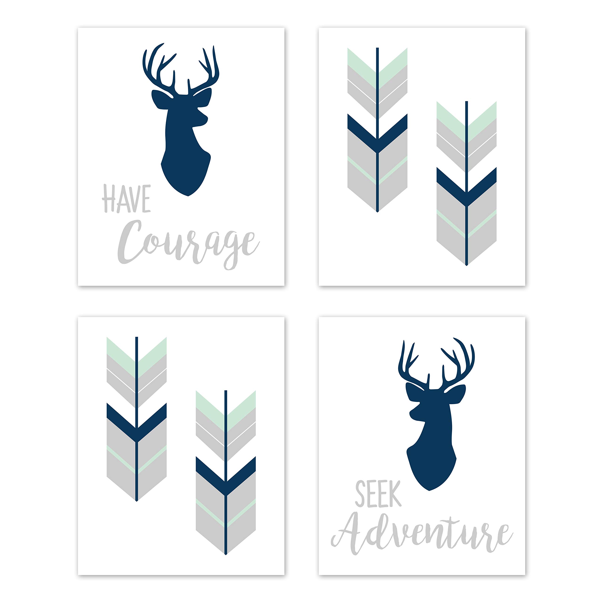Sweet Jojo Designs Navy Blue, Mint and Grey Woodland Deer Wall Art Prints Room Decor for Baby, Nursery, and Kids for Woodsy Collection - Set of 4 - Seek Adventure Have Courage