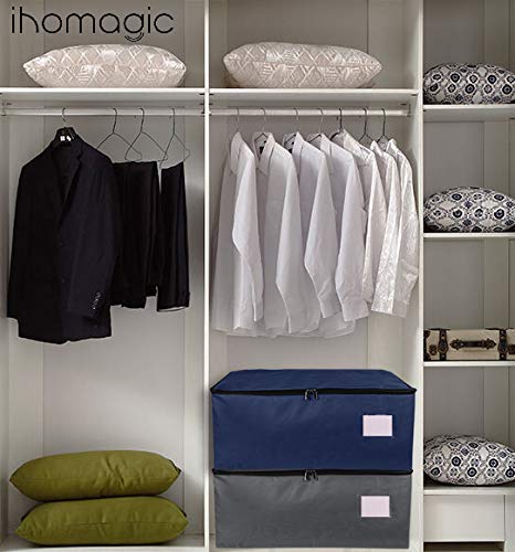 IHOMAGIC 2-Pack Under Bed Storage Bag, Zippered Clothes Storage Organizer with Handles - Storage Bins with Clear Pocket to Insert Label β for Clothing, Blankets, Towels 49L(Navy Blue/Dark Grey, S)