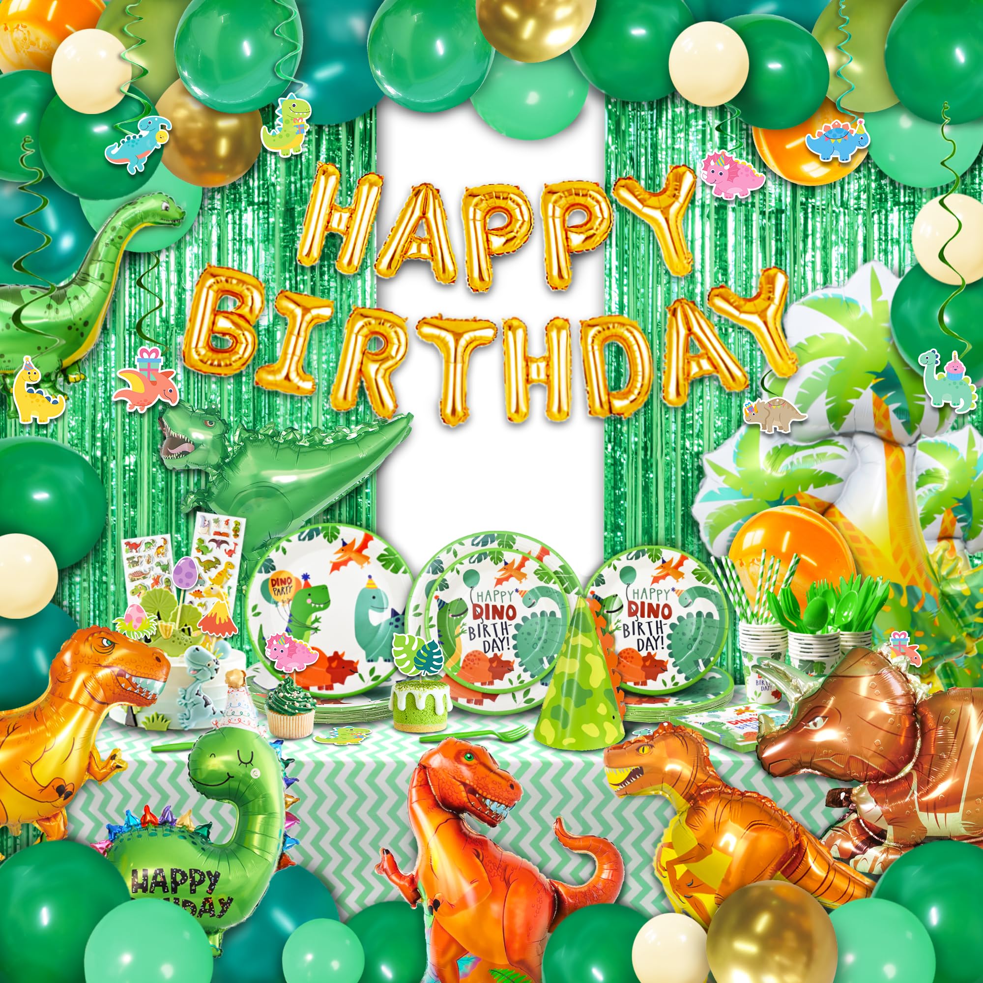 Party Spot! 260 Pcs Dinosaur Birthday Decorations, 20 Tableware Sets, Dinosaur Foil Balloons, Sticker, Banner, Dinosaur Paper Plates, Cups, Balloon Pump, Dinosaur Party Decorations