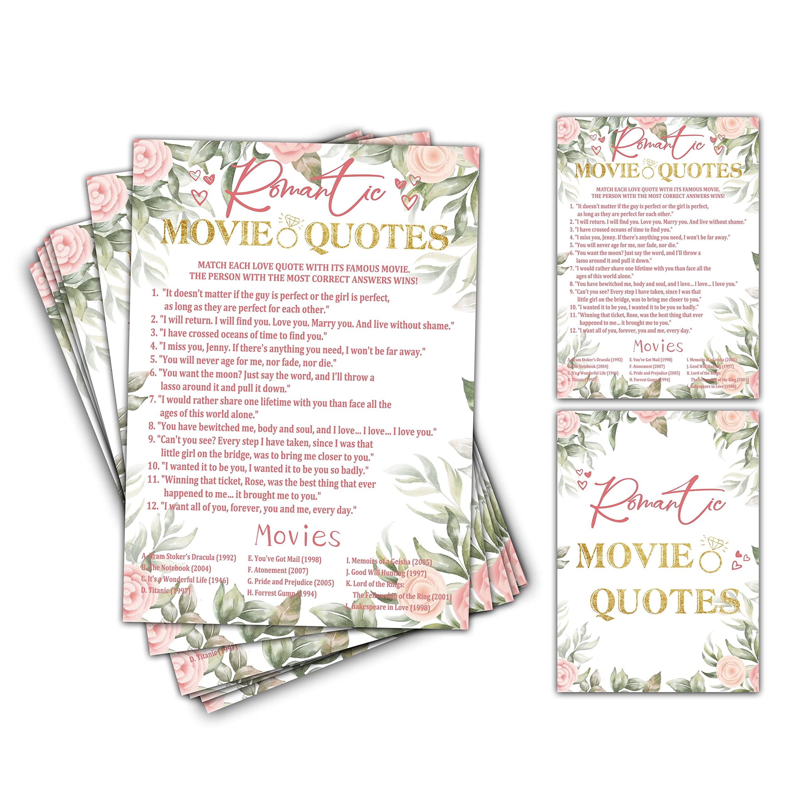 Bridal Shower Games - Romantic Movie Quotes Wedding Party Game - Boho Floral Greenery Bachelorette/Engagement Party Supplies Activities - Pack of 30 Game Cards & 1 Answer Card (A02)