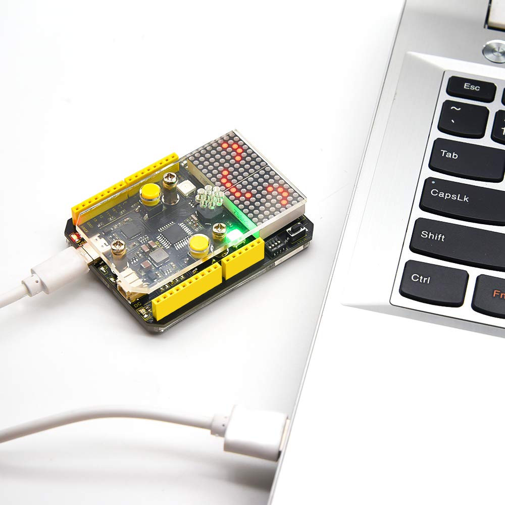 KEYESTUDIO Max Control Board for Arduino Uno with Three LEDs, Two 6812Rgb LEDs, Two Button Switches, a Buzzer, a Microphone Sensor, a Light Sensor, and an 8 * 16 Dot Matrix