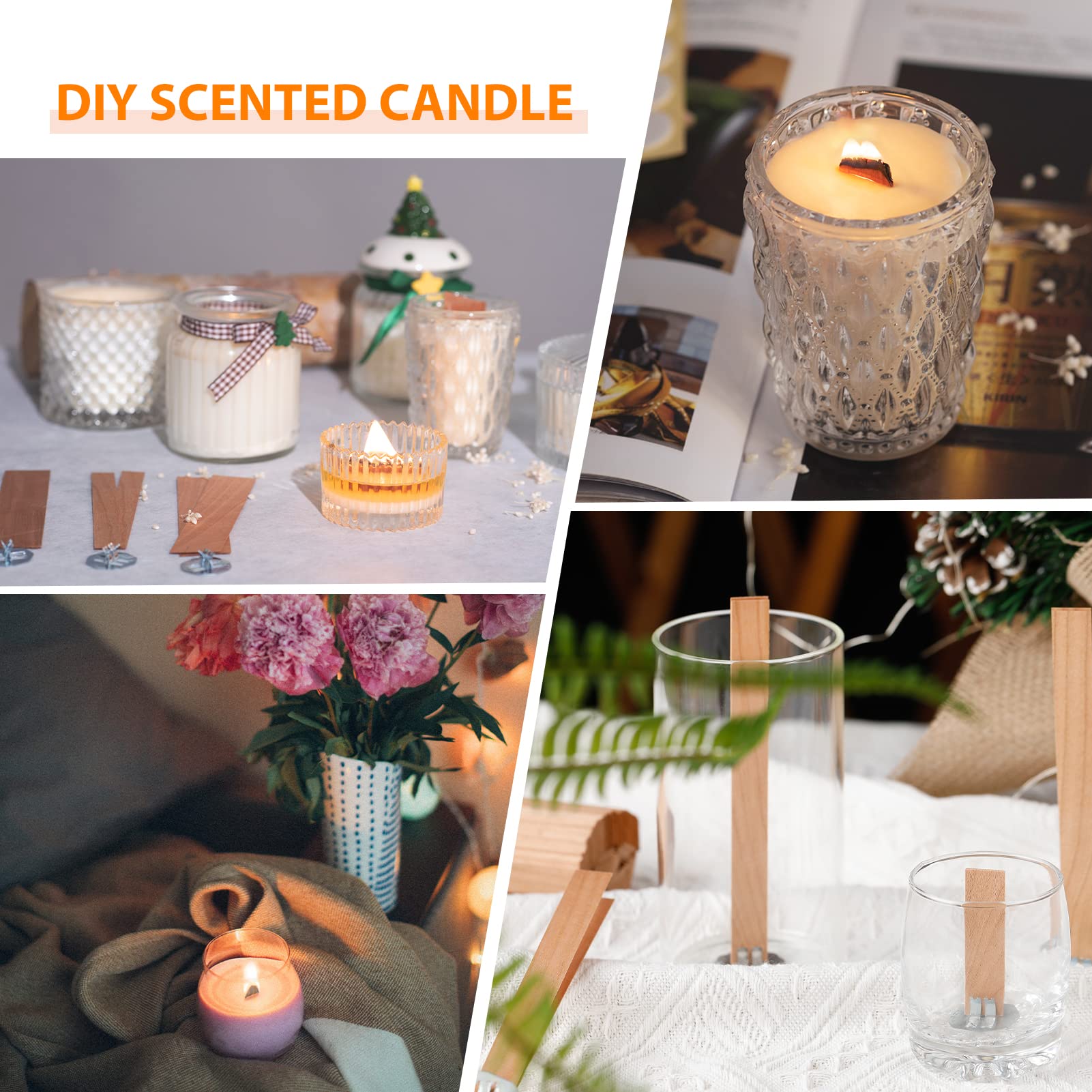 Ziosxin 100 Pcs Smokeless Cherry Wood Candle Wicks, Long Lasting Flame, Easily Burn, Candle Cores with Stand and Glue Dot, Warning Label for DIY Candle Making