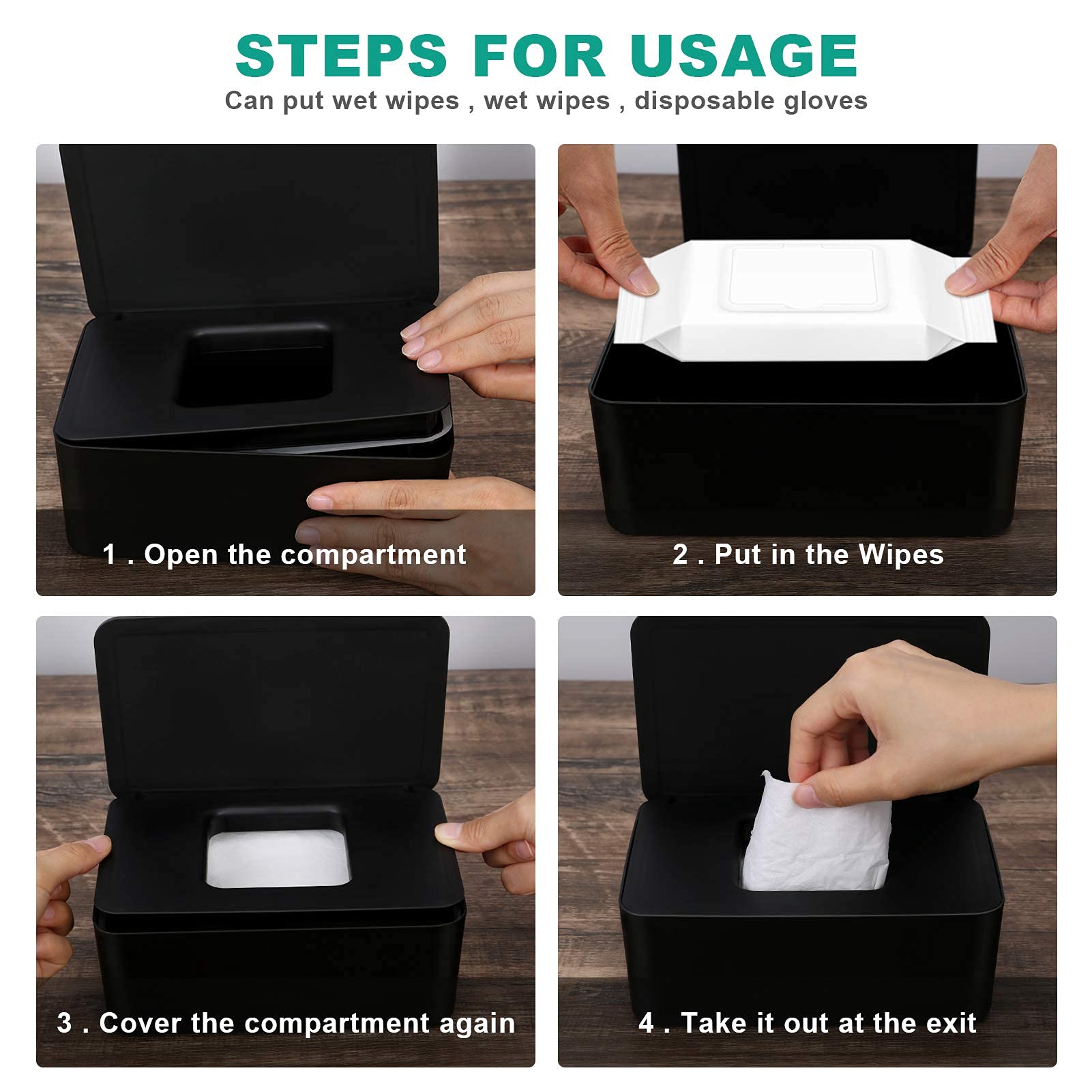 LEFUYAN Wipes Dispenser, Dustproof Tissue Storage Box Case Wet Wipes Dispenser Holder with Lid for Home Office Desk (Black)