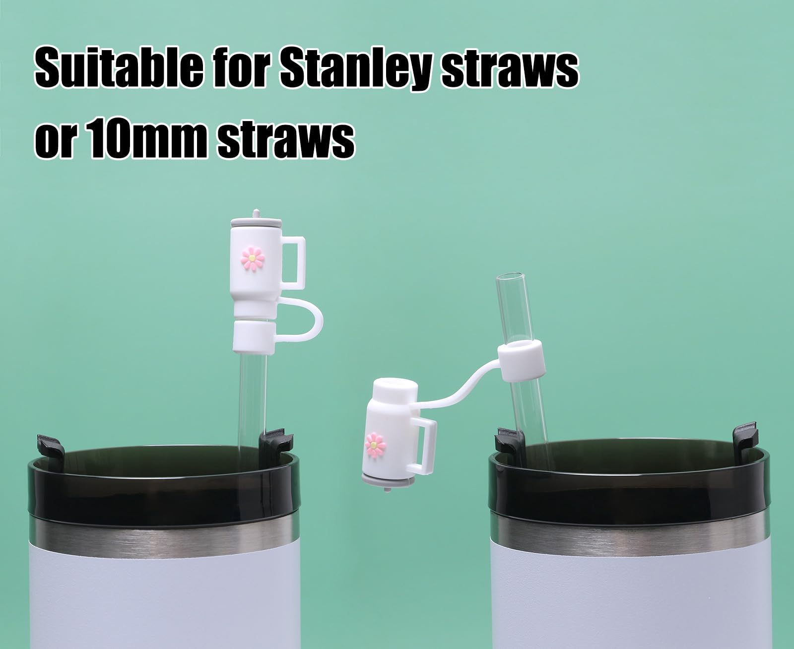 2Pcs Silicone Boots and 2Pcs Silicone Straw Toppers for Stanley Cup Accessories, Reusable Water Bottle Bottom Sleeves Protector, White