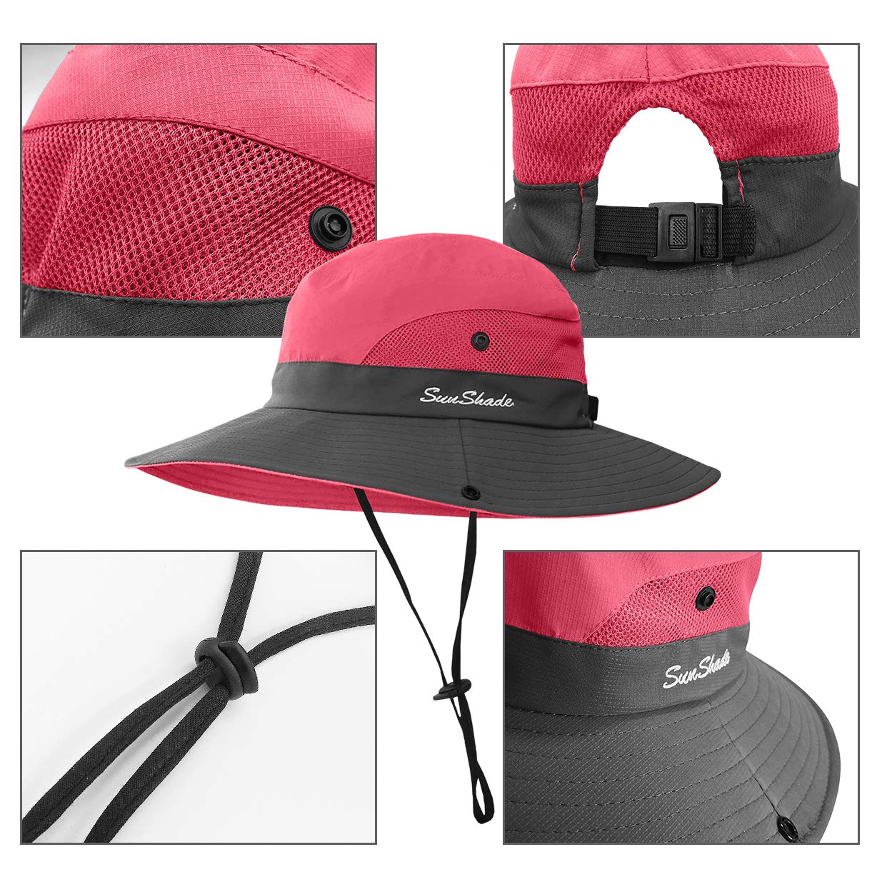 3 Pieces Womens Ponytail Wide Brim Sun Hat Packable UV Protection Beach Cap for Fishing & Hiking (Purple&Watermelon Red&Sky Blue)