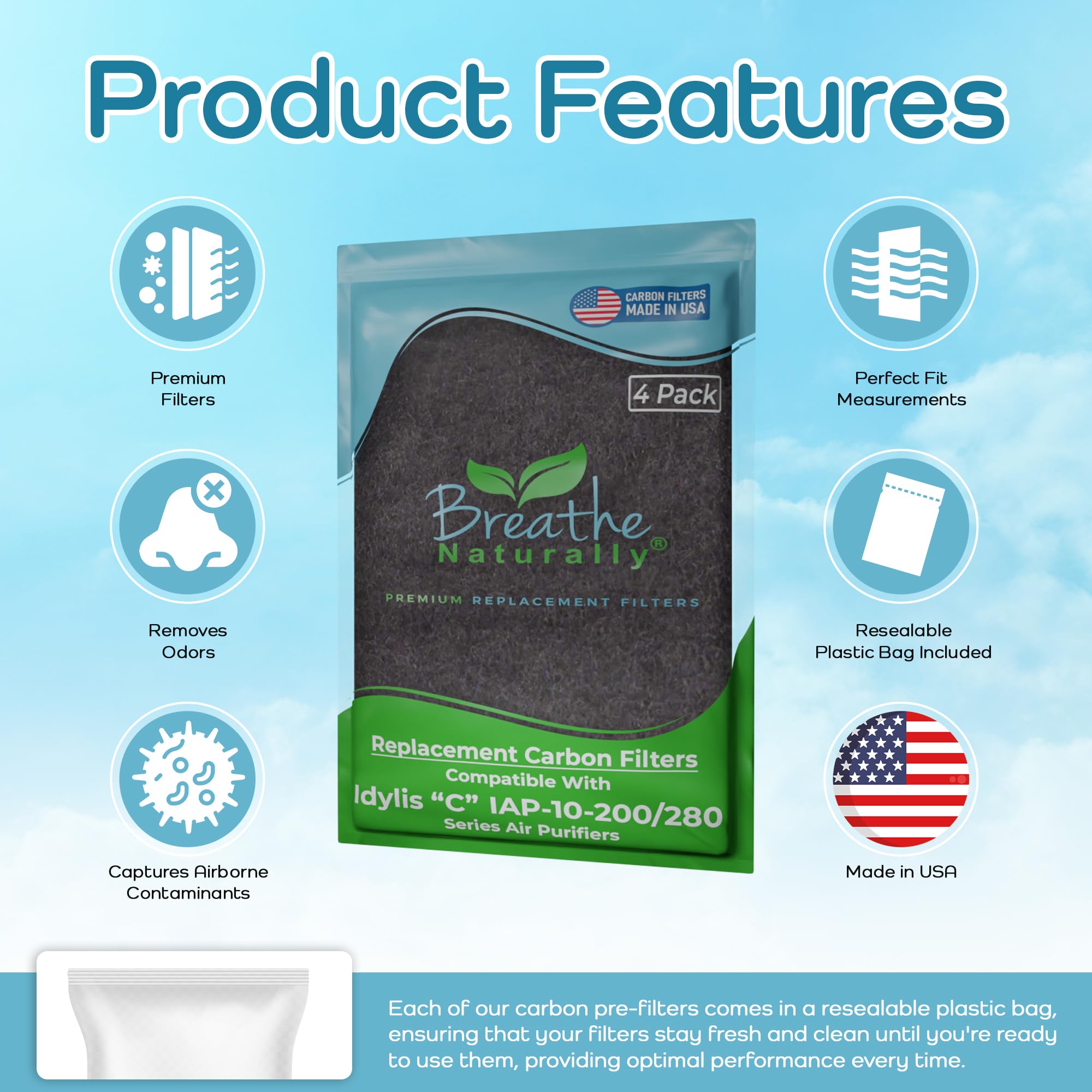 Breathe Naturally - Extra Thick Replacement Carbon Pre-Filters Compatible with Idylis "C" IAP-10-200 Series - Premium Air Purification - Ideal for Home & Office Use - (4 pack, Carbon Filters)