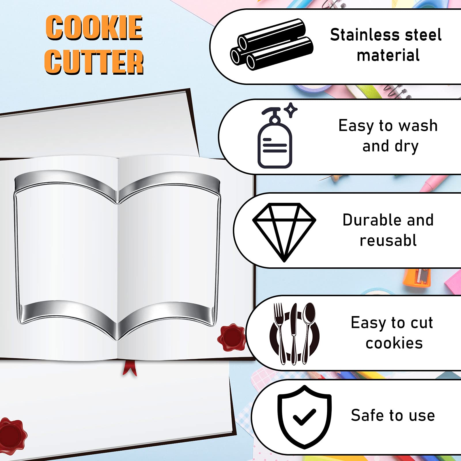 8 Piece Back to School Cookie Cutter Fondant Cutter Shapes Mini Plaque Frame Stainless Steel Biscuit Cutter and 6 Pieces Sugar Stir Needles Sugar Stirring Pins for Kitchen Baking