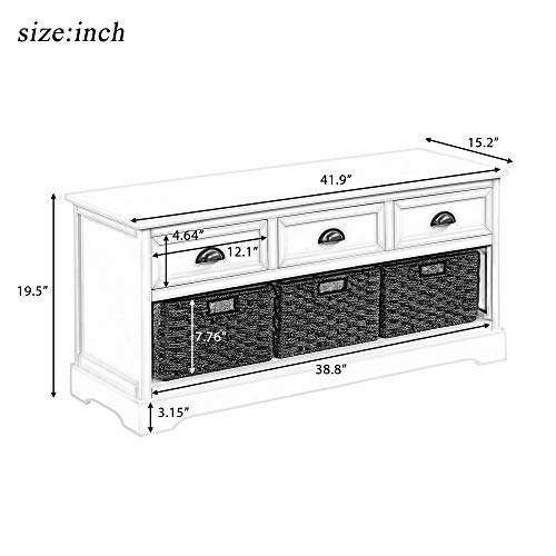 Knocbel Entry Wicker Storage Bench Wood Entryway Hallway Bedroom Bench Cabinet with 3 Drawers and 3 Woven Baskets, Fully Assembled, 19.5" H x 41.9" L x 15.2" W (White)