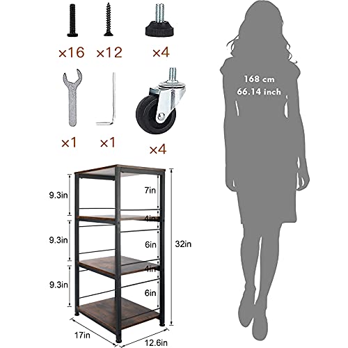 IKESOMUE Industrial Microwave Oven Stand Baker's Storage Racks Shelving Printer Rolling Utility Cart Wood Standing Shelf Units Wheels Kitchen Bathroom Bedroom Living Room Office (4 Tier) (B2201-List)