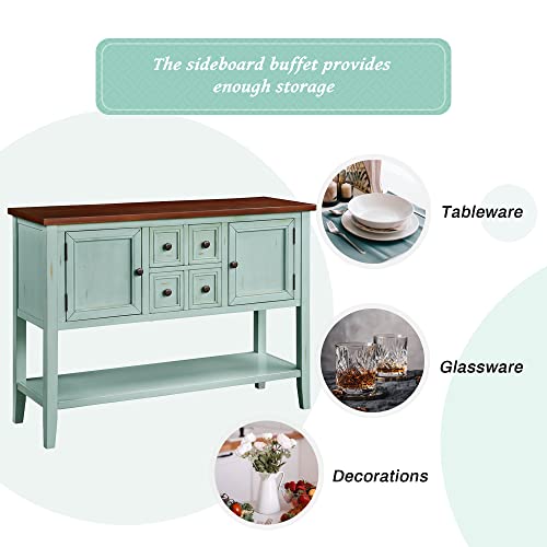 Knocbel Vintage Wood Console Table Buffet Sideboard with 4 Storage Drawers, 2 Cabinets & Bottom Shelf, Entryway Hallway Foyer Table Cupboard Coffee Bar Cabinet, 46" L x 15" W x 34" H (Antique Blue)