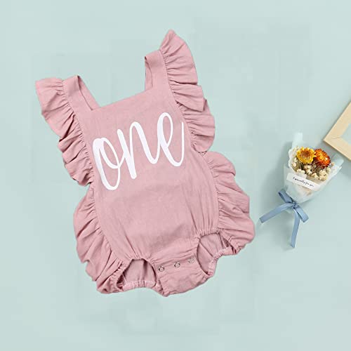 Puloru Baby Girl First Birthday Outfit ONE 1st Birthday Bodysuit Ruffle Romper with Headband Cake Smash Outfit (A Pink, 6-12 Months)