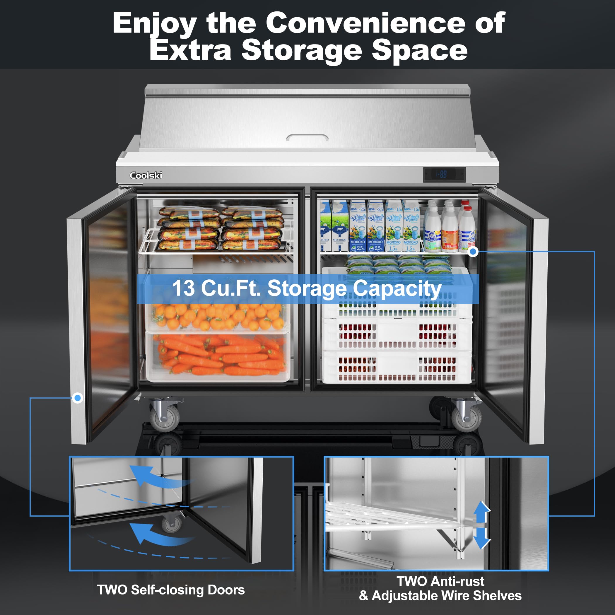 48’’ W Commercial Refrigerator 2 Door, Refrigerated Sandwich Salad Prep Table with 12 Pans Cutting Board, Mega Top/Stainless Steel/13 Cu.FT. Capacity/ETL NSF Approved
