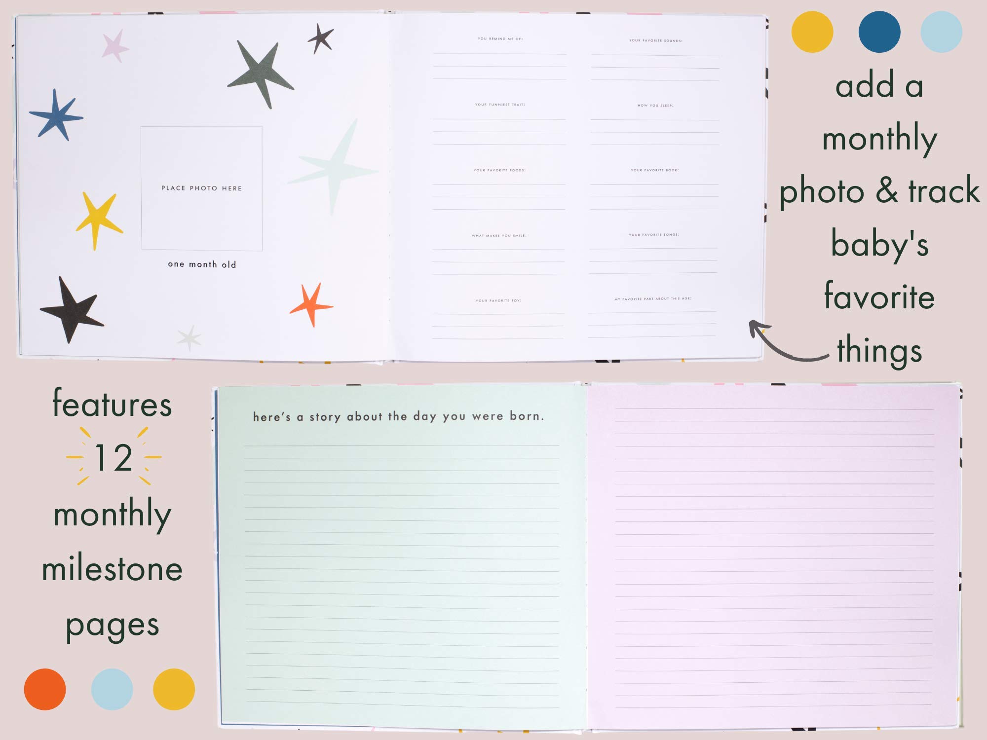 Kate Spade New York Baby's First Year Keepsake Book, Gender Neutral Baby Memory Book to Track Monthly Milestones, Dancing Stars