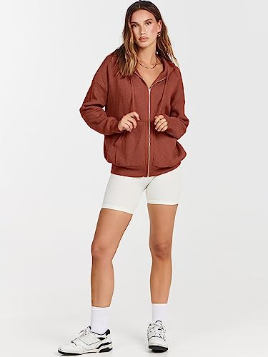 ANRABESS Women's Sweater Hoodies 2023 Fall Oversized Full Zip Up Jackets Long Sleeve Crewneck Sweatshirt Casual Loose Ribbed Knit Pullover Top with Pocket 791xiuhong-L Rust