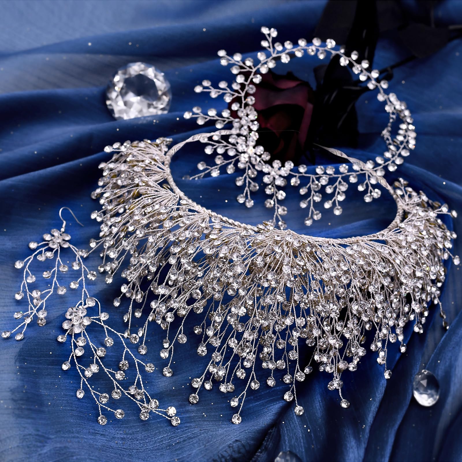 Bridal Wedding Headband Crystal Tiara Crown,Queen Tiaras and Crowns,Wedding Bride Crowns For Birthday Party Wedding Pageant Hair Accessories (Silver/Crown + necklace + Earrings)