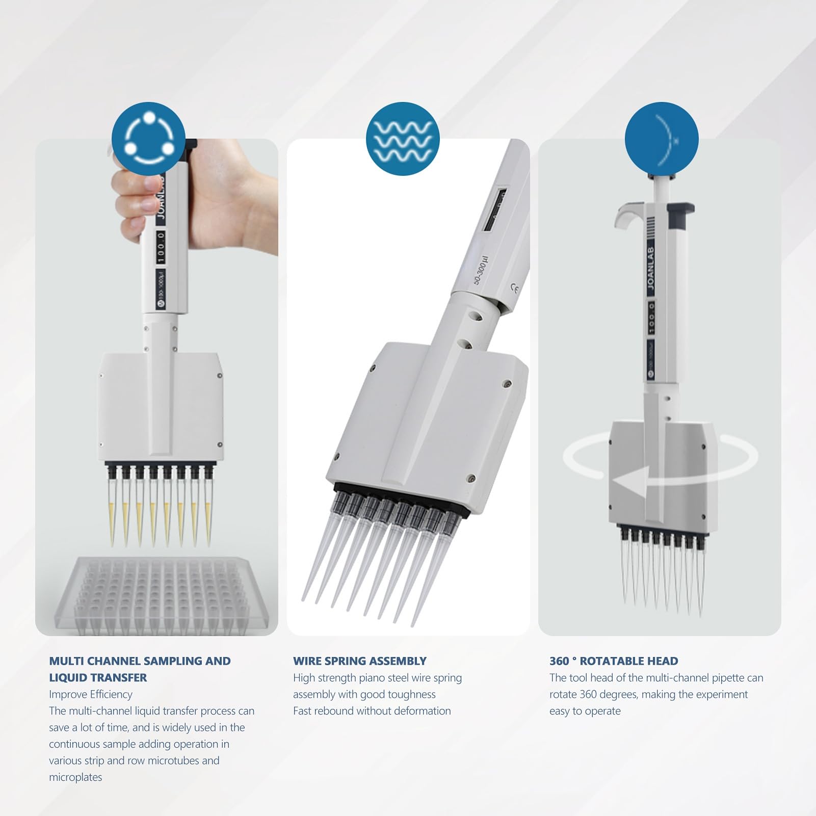 Lab Micropipette Adjustable Volume Pipettor 8-Channel Multichannel Pipett Micro Pipettes Variable Volume Pipettes for Scientific Lab and School 50-300渭l