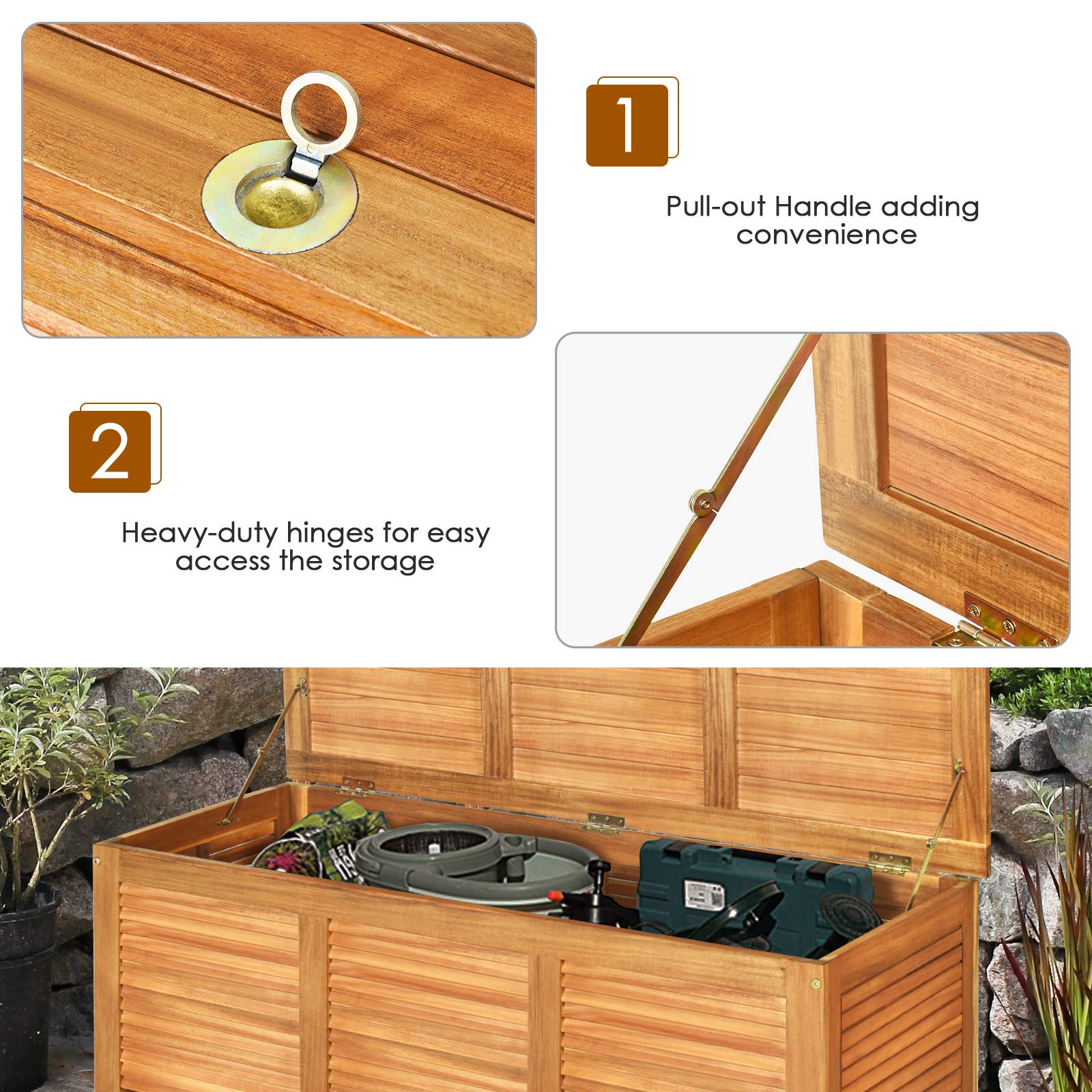 HAPPYGRILL 47 Gallon Acacia Wood Deck Box, Outdoor Storage Box Garden Tools Box Container for Patio Garden Garage