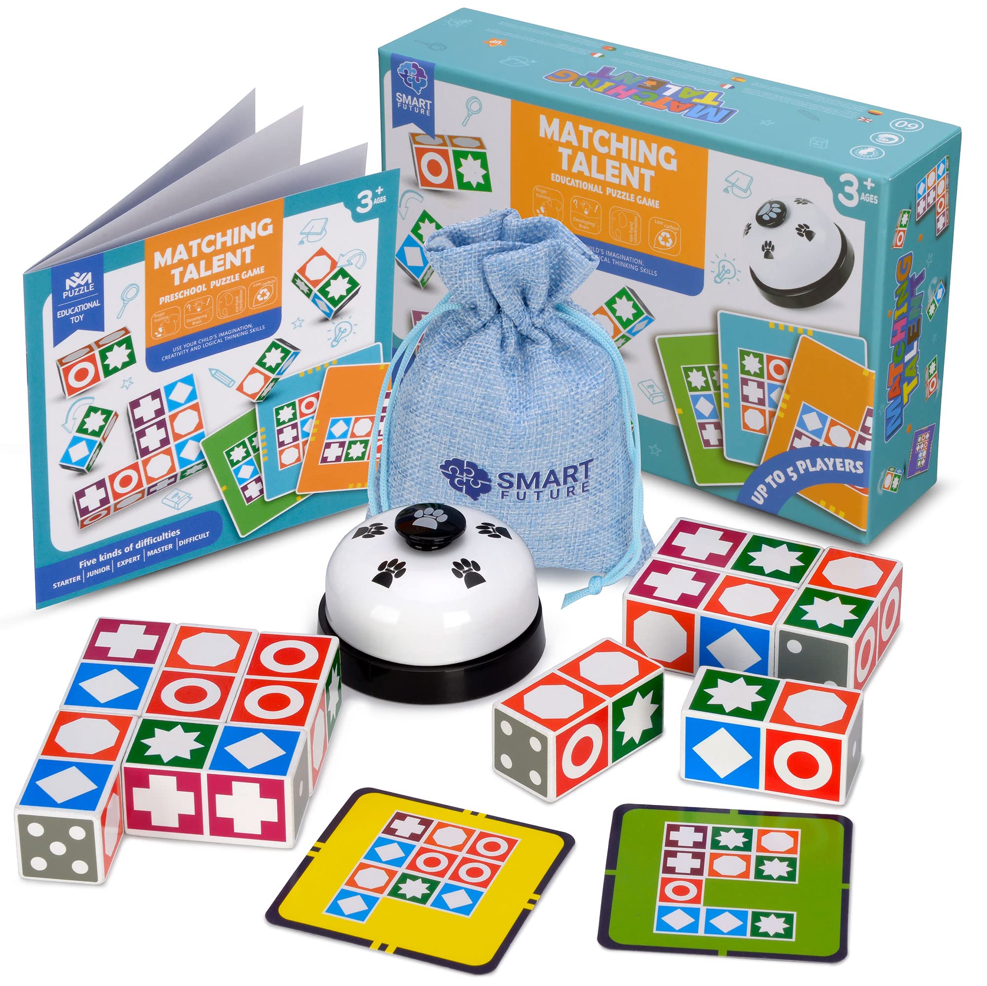 Funtactics Wooden Matching Game Puzzle 3.0 Games, Pattern Block Match Puzzles Building Cubes with Bell for Kids and Adults Toys Board Games for Family Night 5 Players