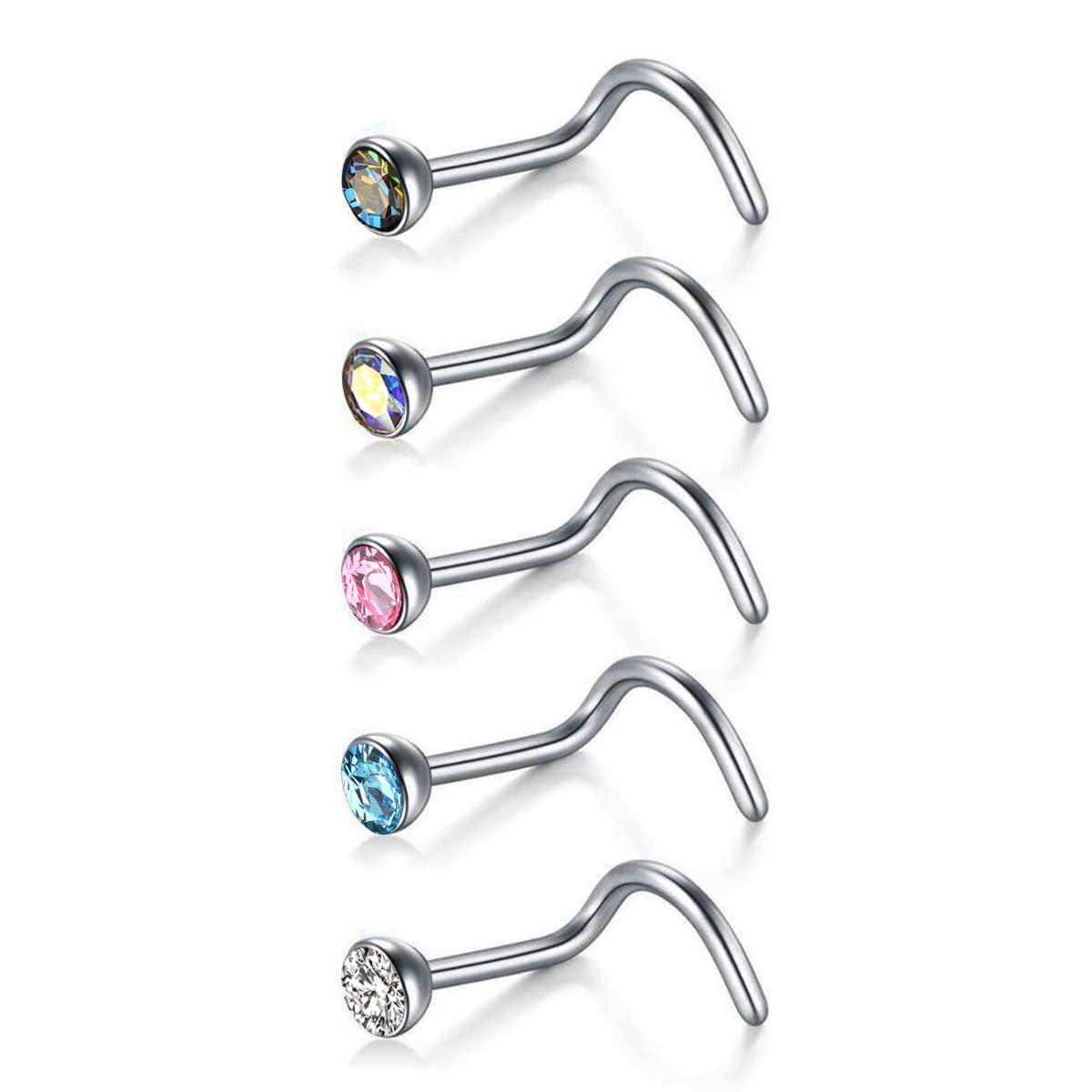 5pcs 18G 20G Small Twist Screw Shaped Titanium Nose Screw Studs 2mm Clear CZ Nose Ring for Women and Men | White/AQ/Pink/AB/VM Cubic Zircon Nose Piercing