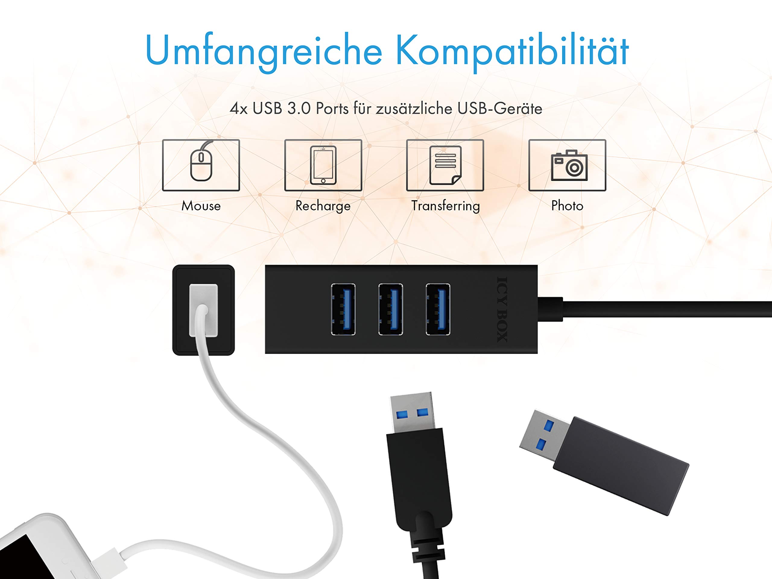 ICY BOX 4 Port USB Hub 3.0 with USB 3.0 Connection Integrated Cable Aluminium Black