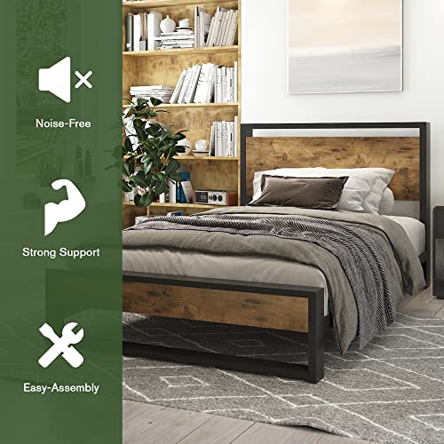 IMUsee Twin Bed Frame with Wood Headboard, Rustic Farmhouse Twin Platform Bed Frame for Kids with Heavy Duty Strong Metal Slats Support, Modern Bed Framework, No Box Spring Needed, Easy Assembly