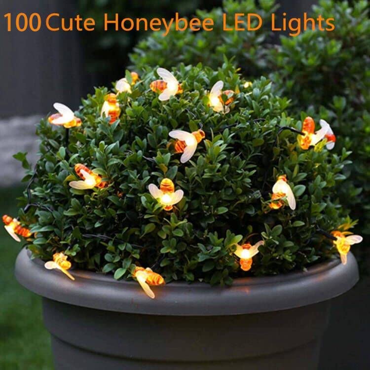 Solar Bee String Lights 2 Pack Each 23Ft Total 100 LED Solar Bee Fairy Lights 8 Modes Copper Wire Lights Waterproof Outdoor String Lights for Garden Patio Gate Yard Party Wedding Indoor Bedroom