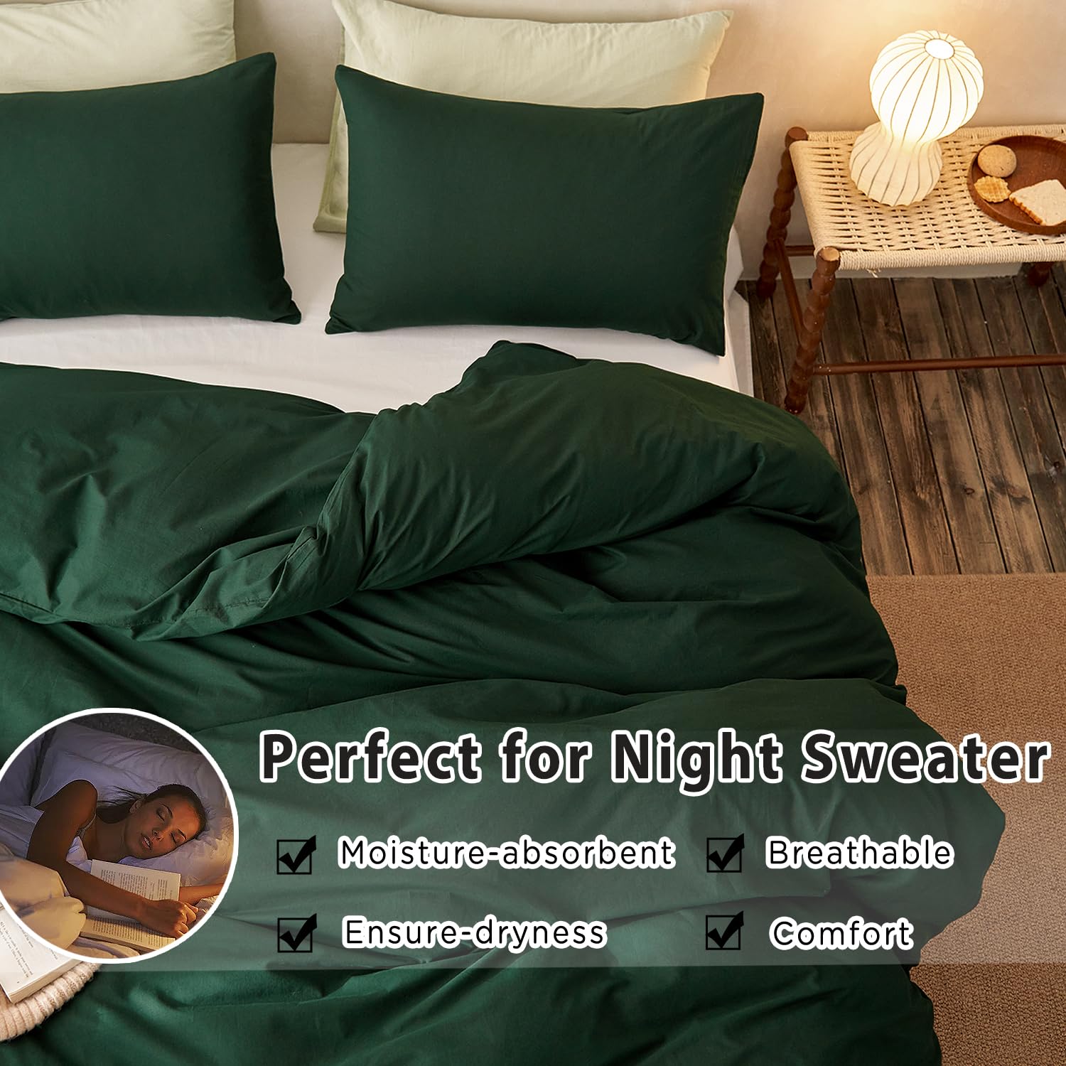 TOCOMOA Duvet Cover Set King Size, 100% Washed Cotton Like Linen Textured, 3 Piece Dark Green Bedding Set Soft Breathable, Ideal for Sweating Groups, Simple Style Farmhouse Comforter Cover