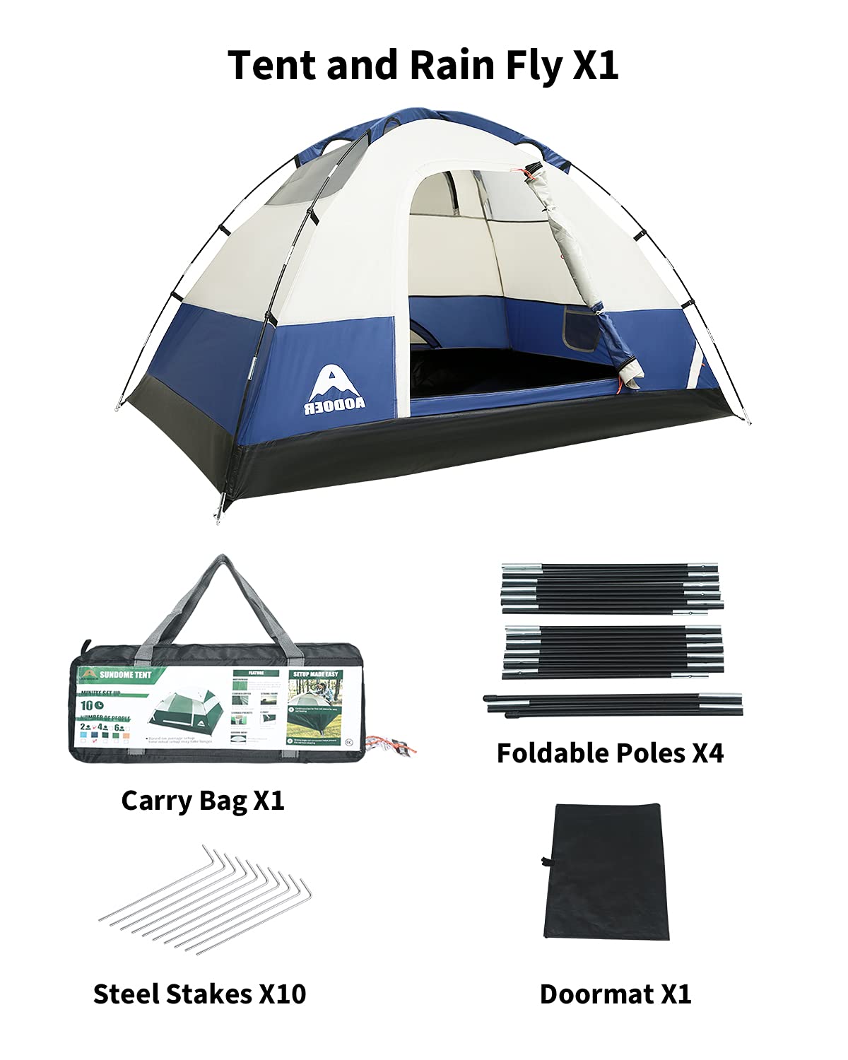 4 Person Tent with Removable Rain Fly, Waterproof Camping Tents Easy Setup, 3 Mesh Windows with Double Layer for Camp Backpacking Hiking Outdoor for 4 Seasons(Navy)