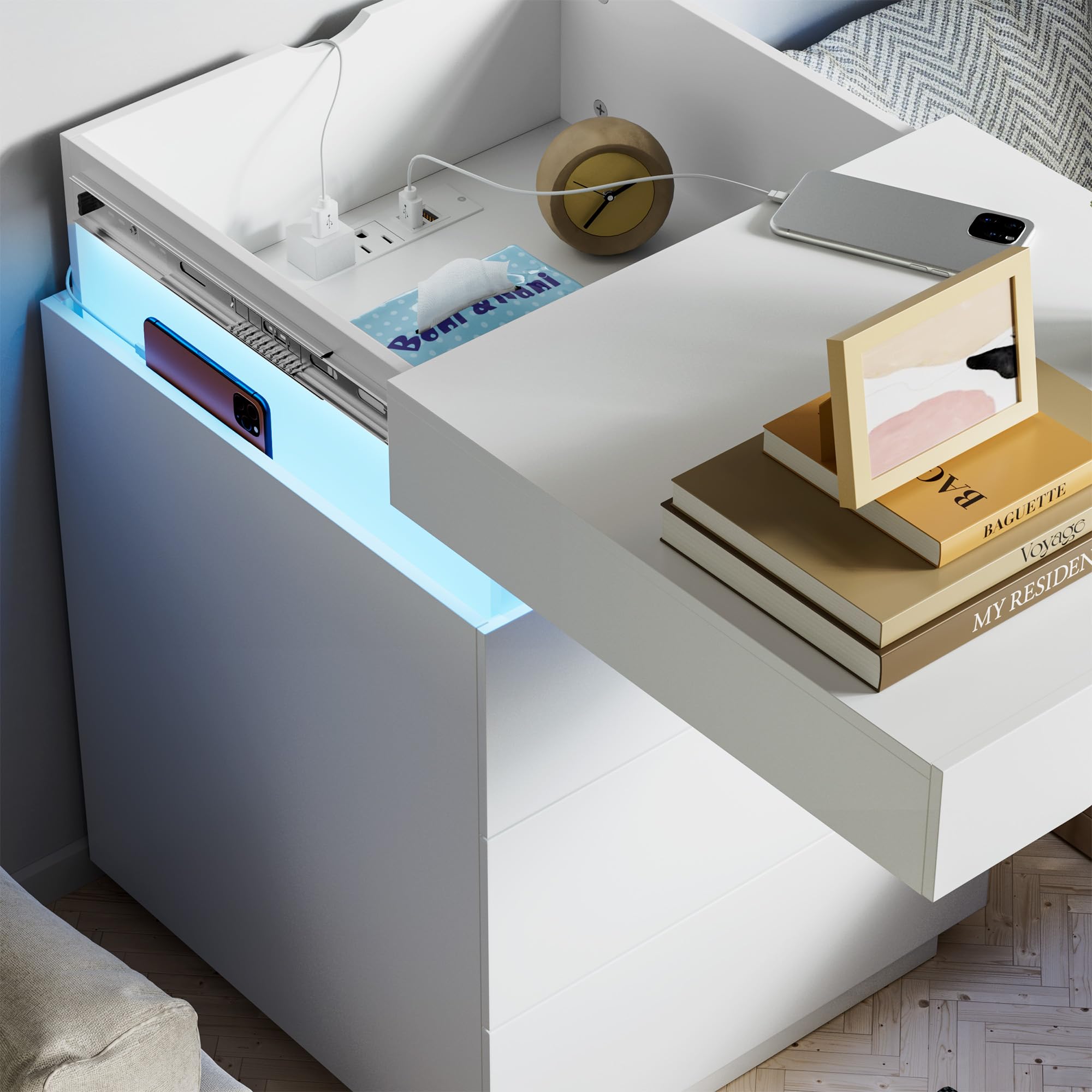 Furniwell LED Nightstand with Charging Station, End Table with 3 Drawers, Night Stand Bedside Table with Sliding Top for Bedroom and Living Room, White