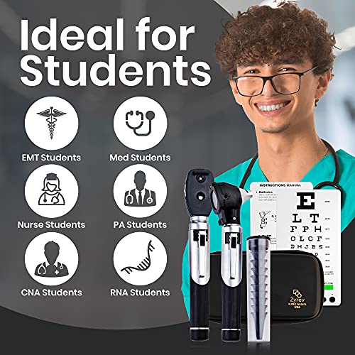 Zyrev Otoscope Ophthalmoscope Duplex Set - Multi-Function Otoscope/Opthalmoscope for Ear & Eye Examination - Includes Portable Tortoise Shell Case (Black)