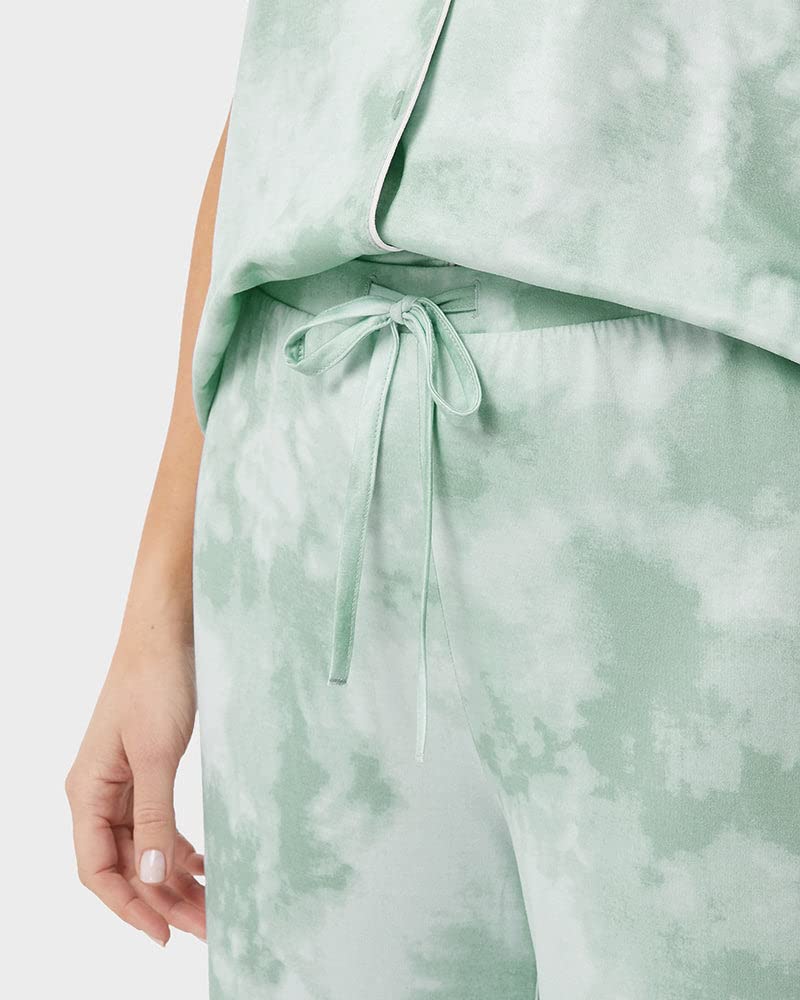 32 DEGREES Women's Cool Button Up 3 Piece Sleep Set |4-Way Stretch | Button up Top | Lounge Capri and Short, Light Mint Hazy Tie Dye, X-Large